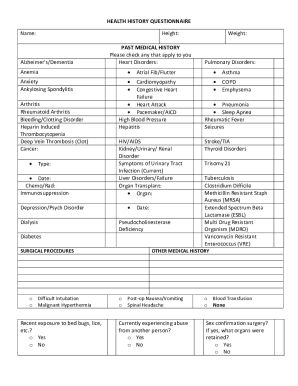 Fillable Online HEALTH HISTORY QUESTIONNAIRE Name: Height: Weight Fax ...
