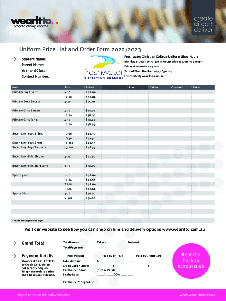 Fillable Online Uniform Price List and Order Form 2022/2023 Fax Email ...