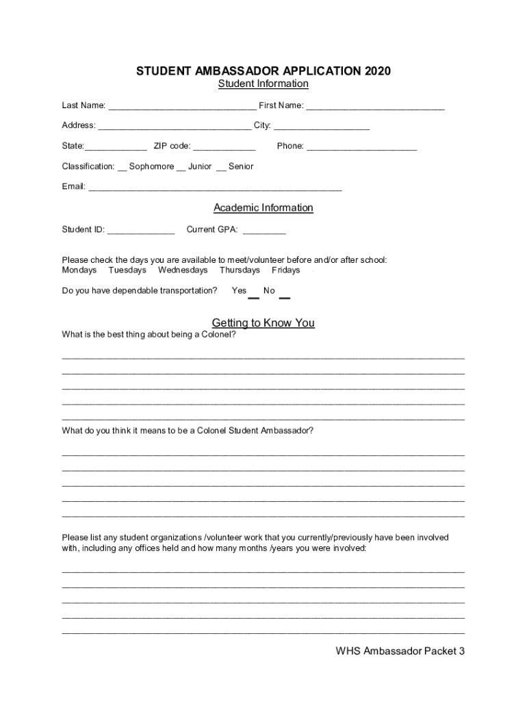 Fillable Online WHS Ambassador Application Fax Email Print - pdfFiller