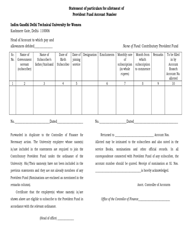 Fillable Online Statement of particulars for allotment of Provident ...