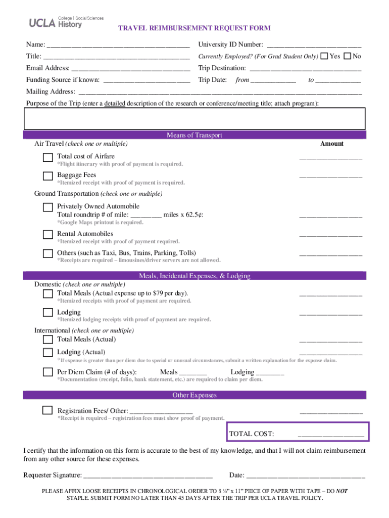 Fillable Online history ucla TRAVEL REIMBURSEMENT REQUEST FORM Name Fax ...