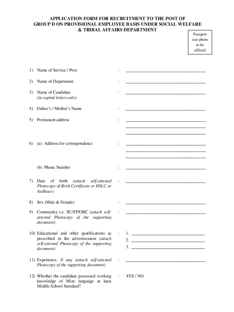 Fillable Online socialwelfare mizoram gov Application Form ...