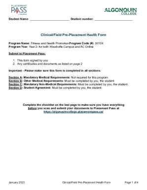 Fillable Online Centennial College Pre-Placement Health Form Year 1 ...