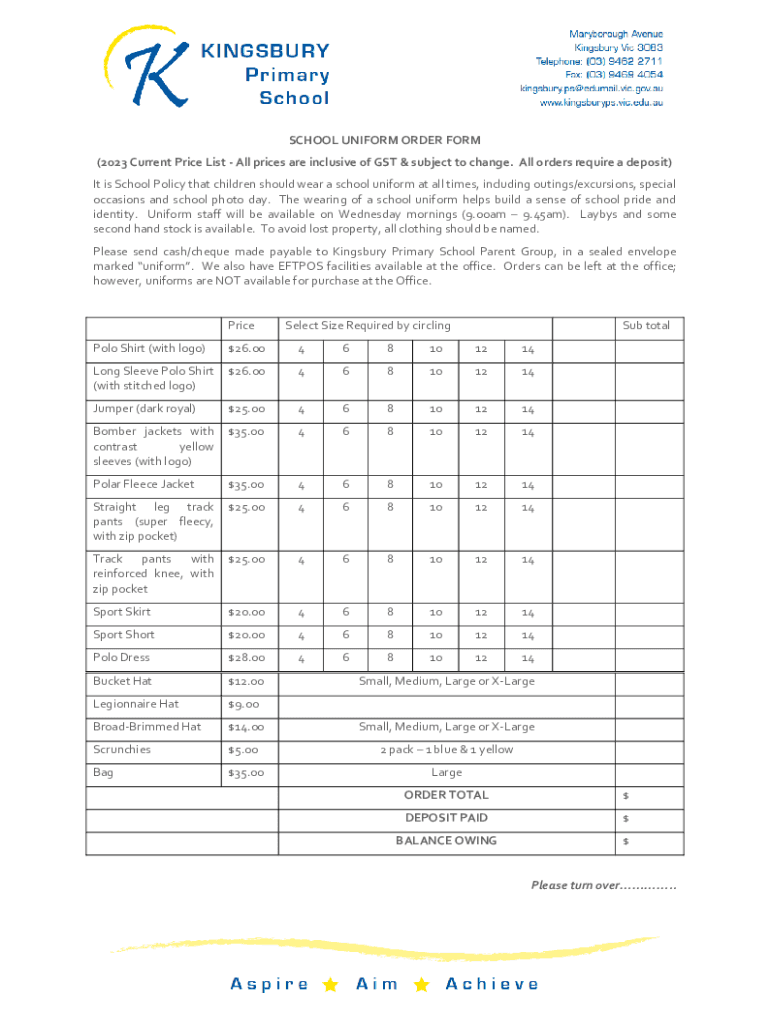 Fillable Online SCHOOL UNIFORM ORDER FORM (2023 Current Price List Fax ...