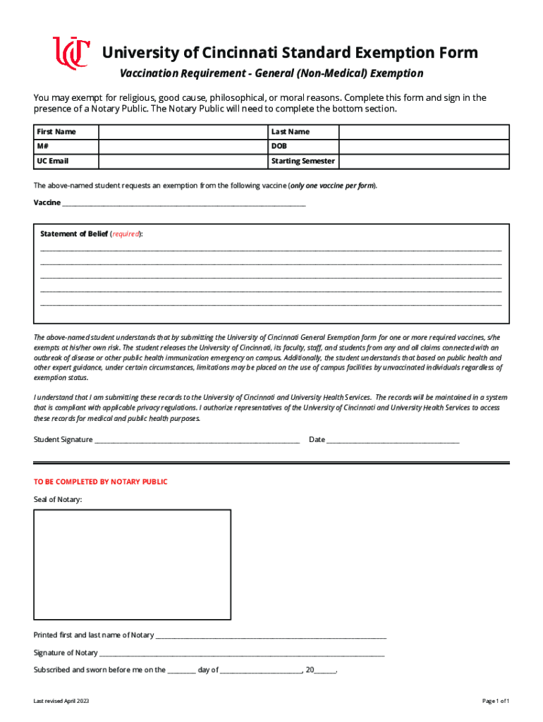 Fillable Online med uc University of Cincinnati Standard Exemption Form ...