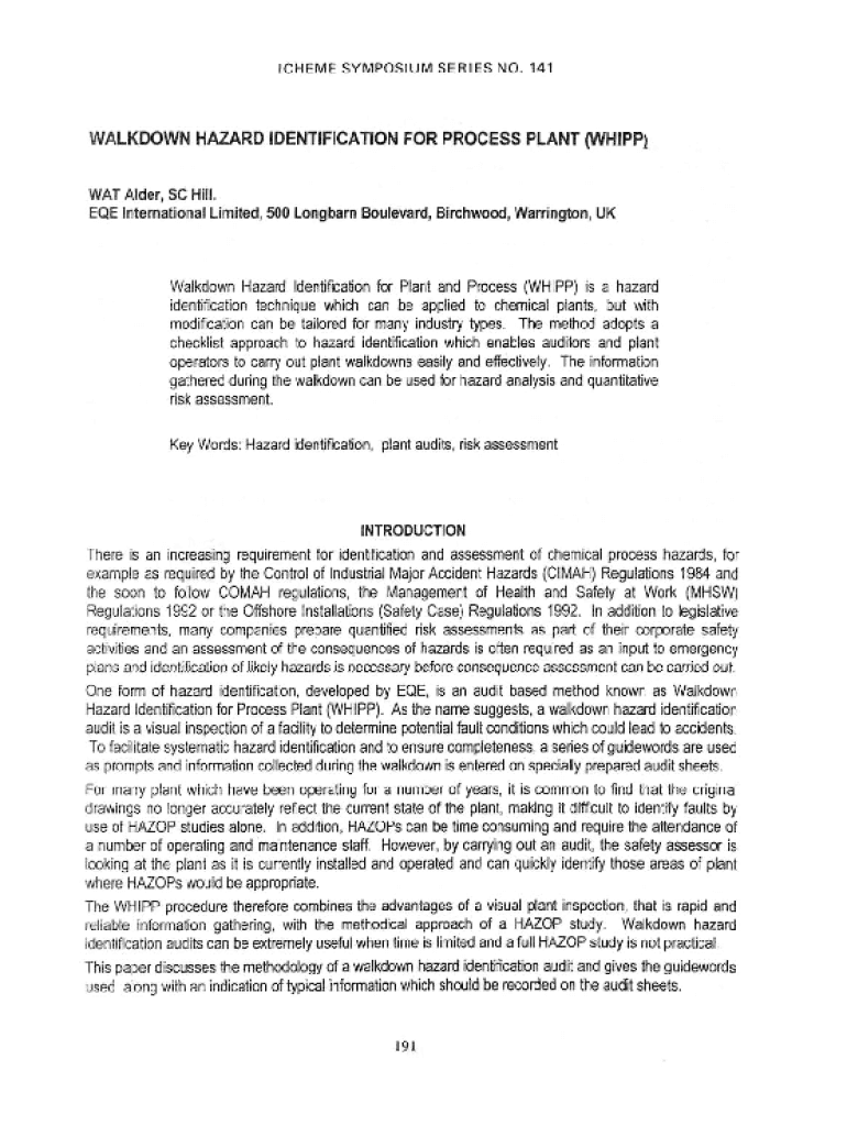 Fillable Online Walkdown hazard identification form process plant ...