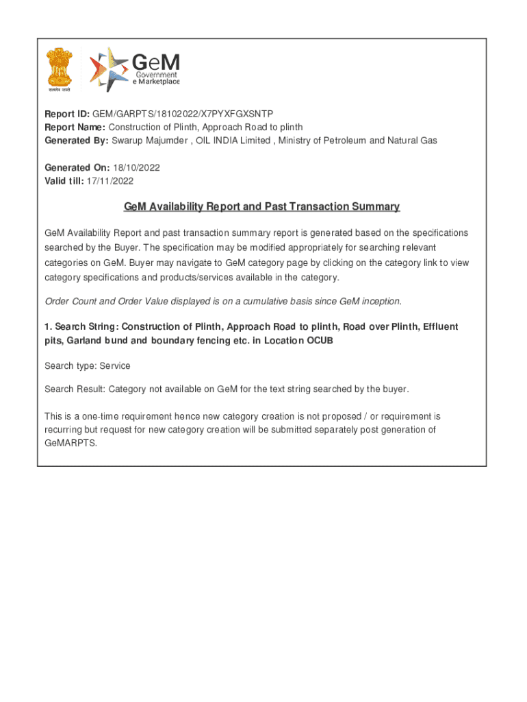 Fillable Online GeM Availability Report and Past Transaction Summary ...