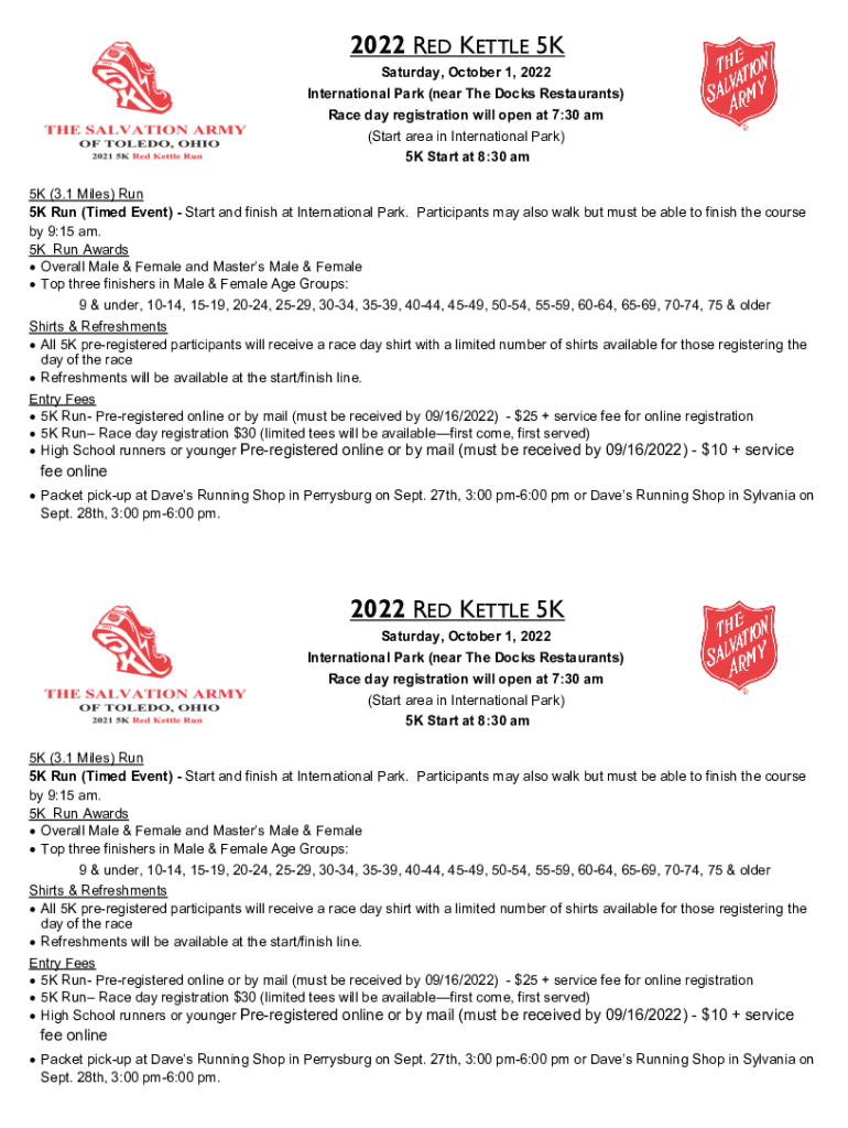 Fillable Online TSA'S 8th Annual 5K Red Kettle RunBy The Salvation Army ...