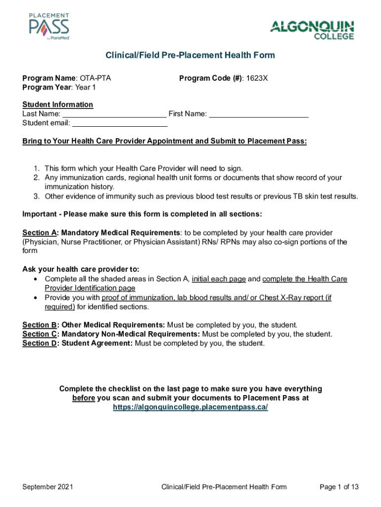 Fillable Online Centennial Clinical Pre-Placement Health Form Year 1 2 ...