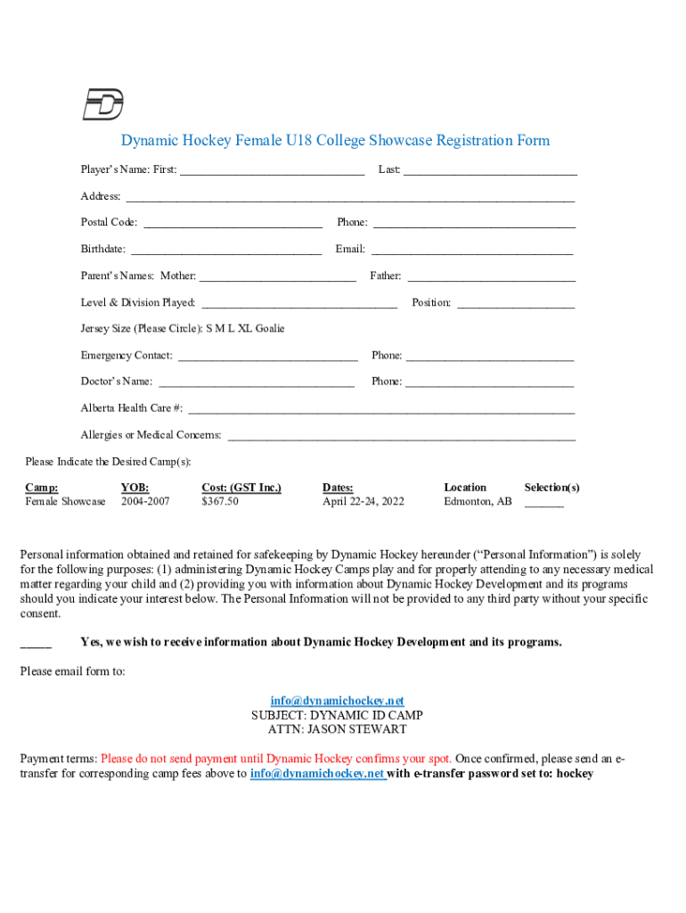 Fillable Online 2022 Female U18 College Showcase Form.docx Fax Email ...