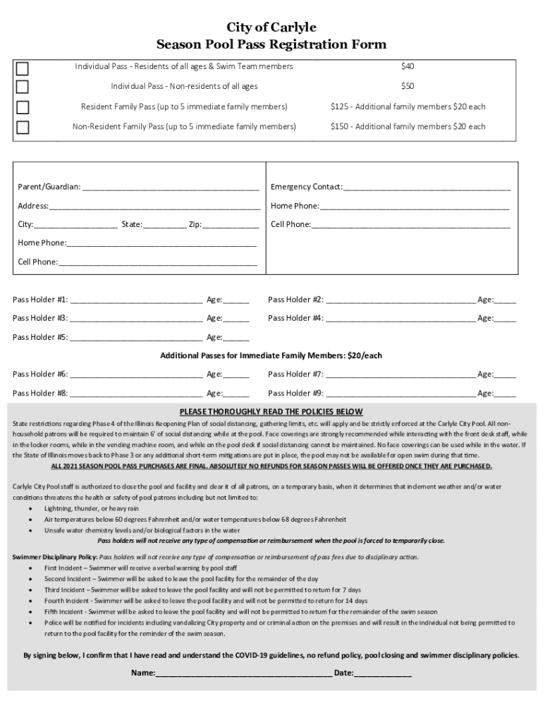 Fillable Online City of Carlyle Season Pool Pass Registration Form Fax Email Print - pdfFiller
