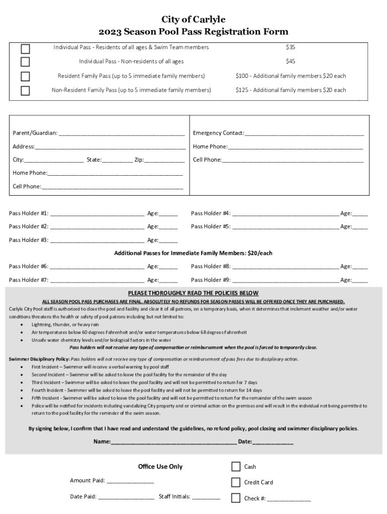 Fillable Online City of Carlyle 2023 Season Pool Pass Registration Form ...