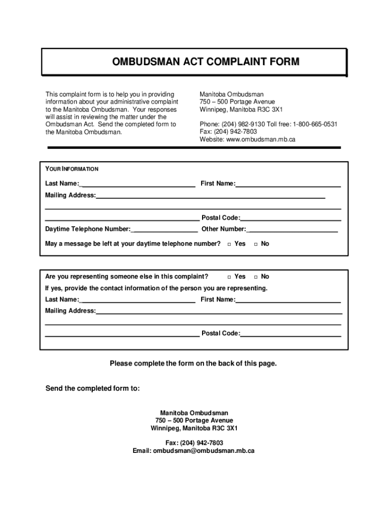Fillable Online Ombudsman Act Complaint Form Fax Email Print - pdfFiller