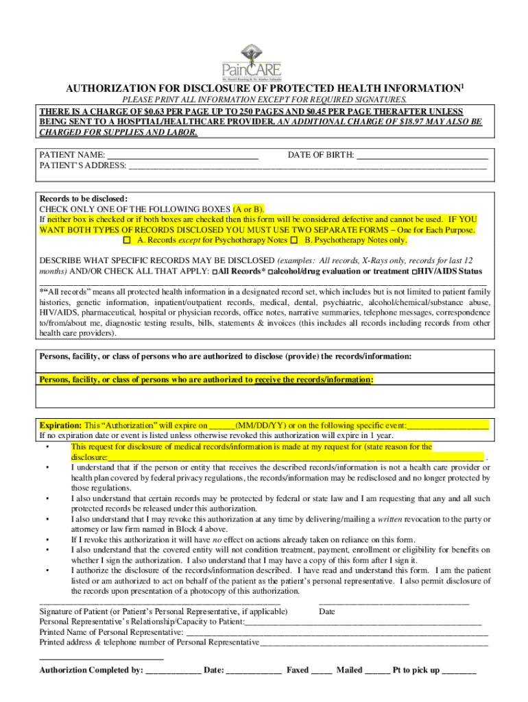 Fillable Online authorization for disclosure of protected health information1 Fax Email Print ...