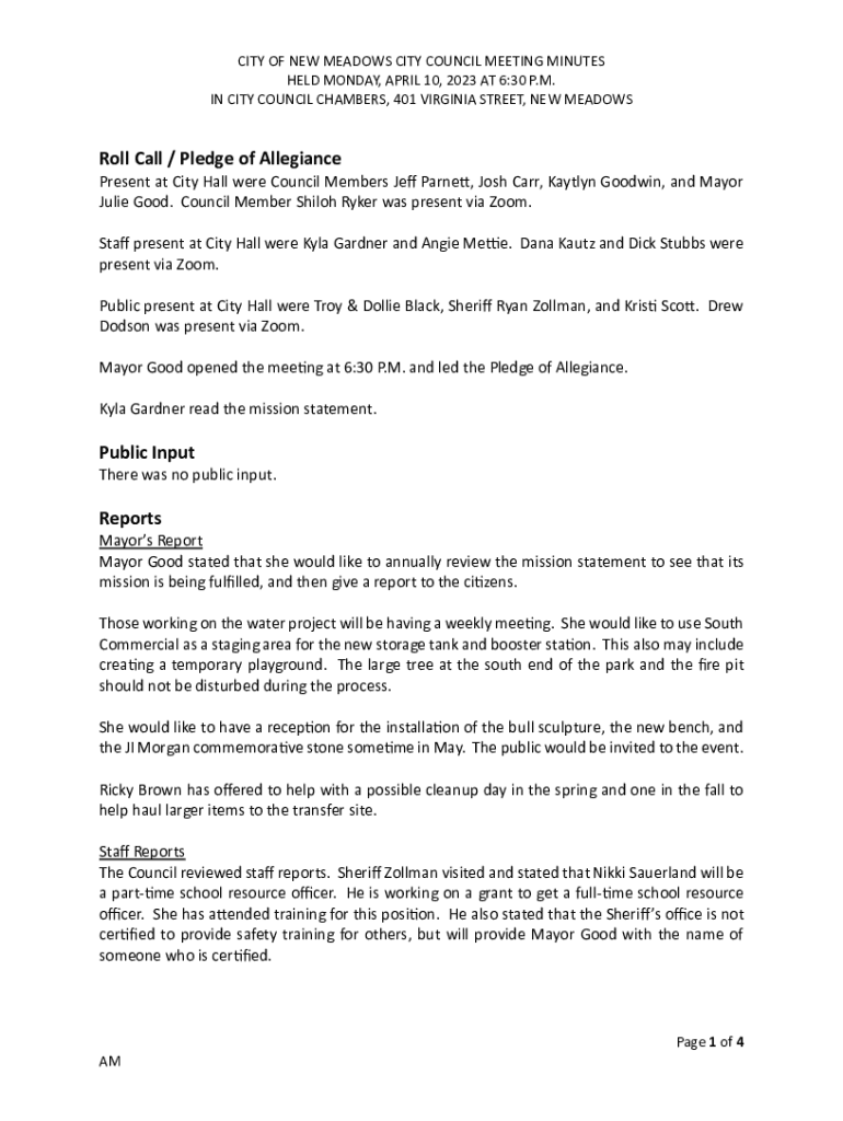 Fillable Online Roll Call / Pledge of Allegiance Public Input Reports ...