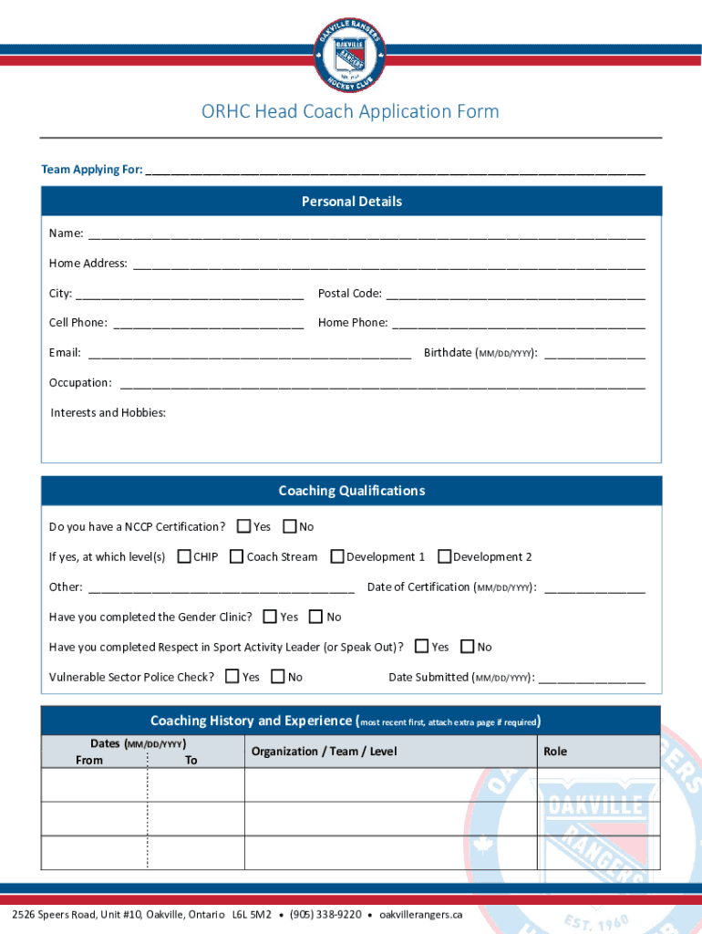 Fillable Online ORHC Head Coach Application Form Fax Email Print - pdfFiller