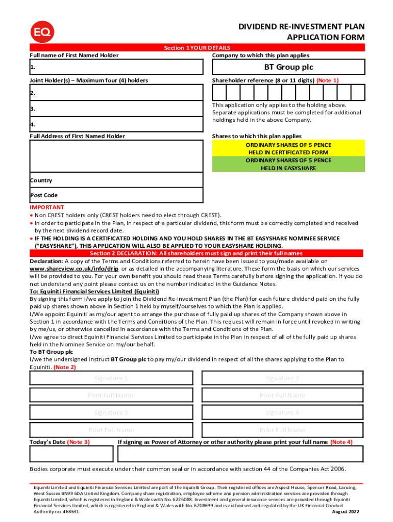 Fillable Online BT Group Dividend Investment Plan - application form Fax Email Print - pdfFiller