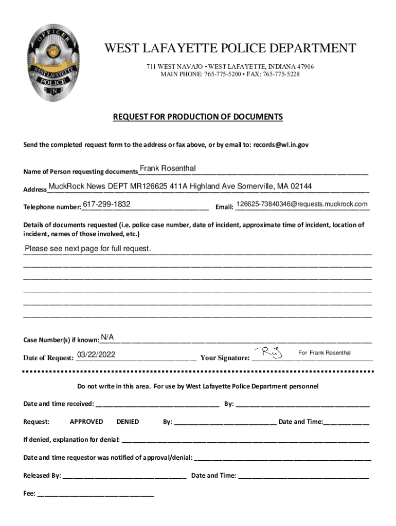 Fillable Online West Lafayette Police Department, 711 W Navajo St ...