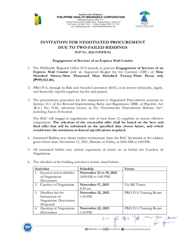 Fillable Online invitation for negotiated procurement two failed ...