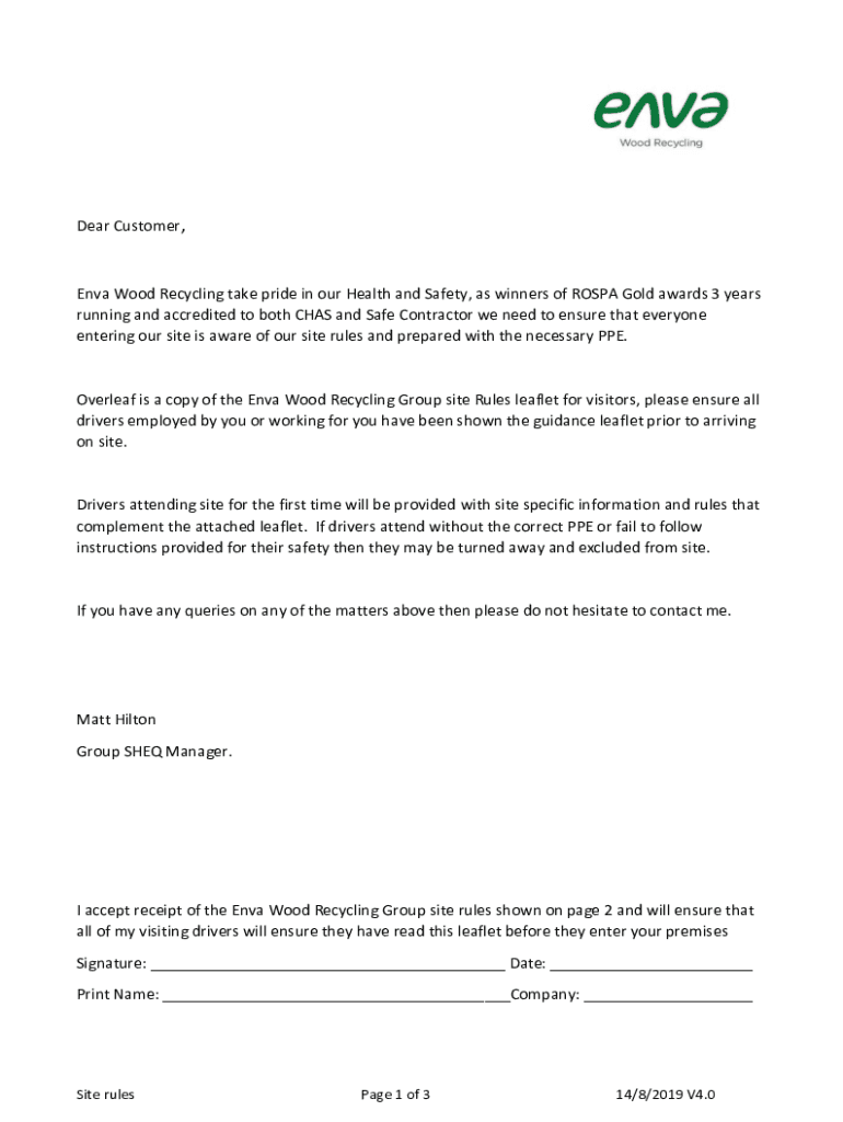 Fillable Online Enva recognised with global health & safety award Fax ...