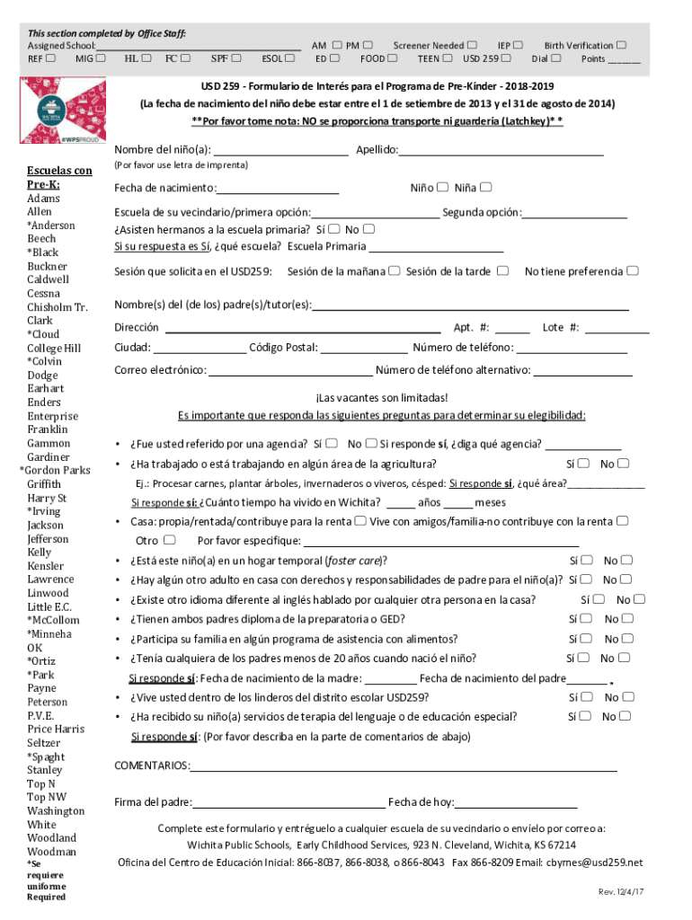 Completable En línea Formulario de Inters para el Programa de Pre-Knder ...