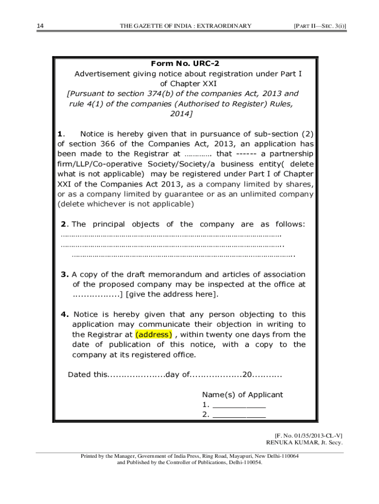 Fillable Online Form No. URC-2 Advertisement giving notice about ...
