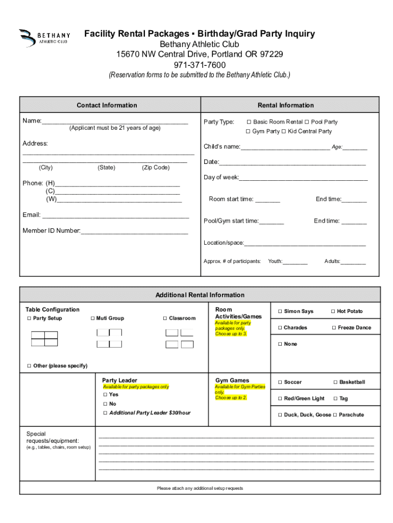 Fillable Online BAC Birthday Party Rental Form Fillable 2022 Fax Email ...