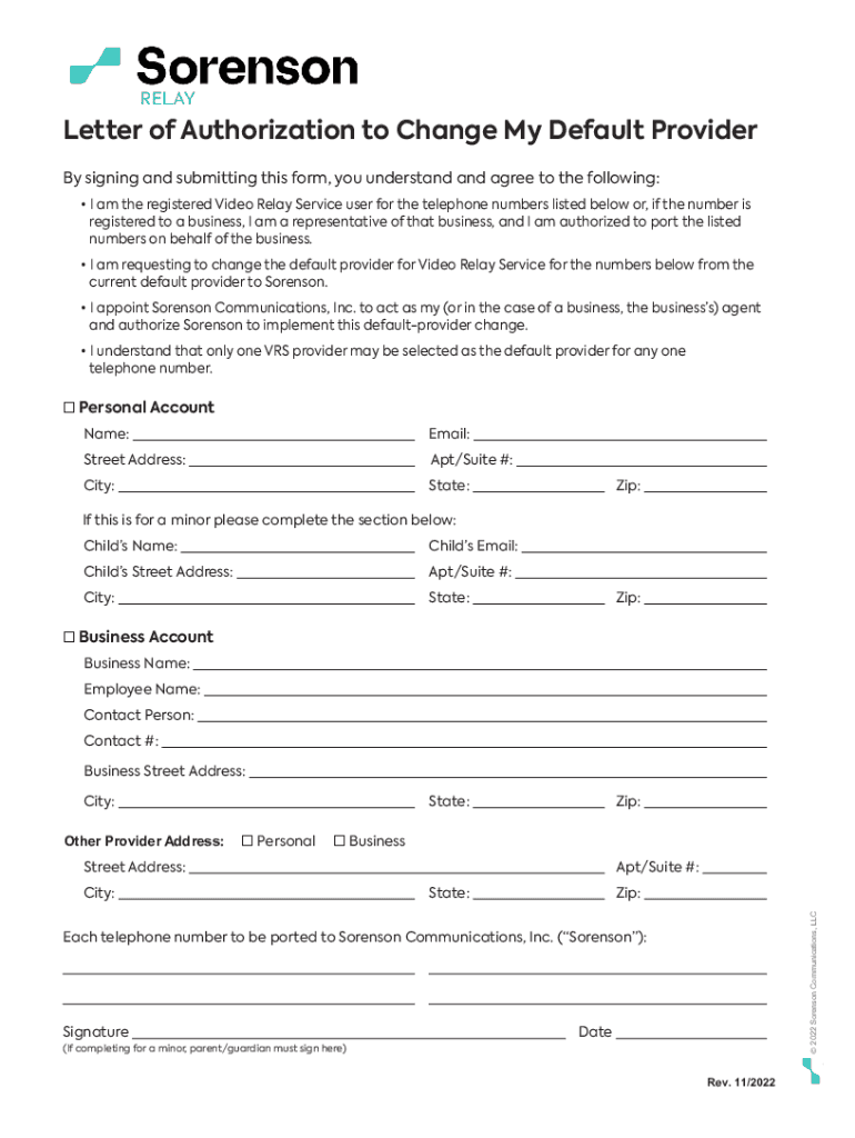 Fillable Online Letter of Authorization to Change My Default Provider ...