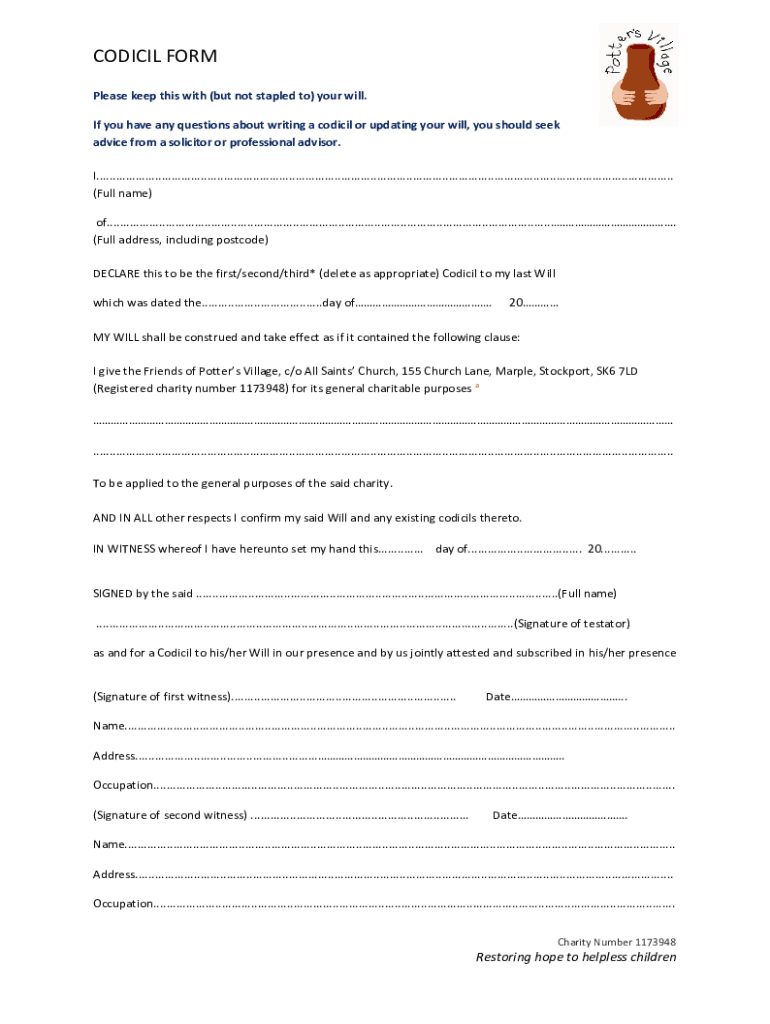 Fillable Online CODICIL FORM Fax Email Print - pdfFiller