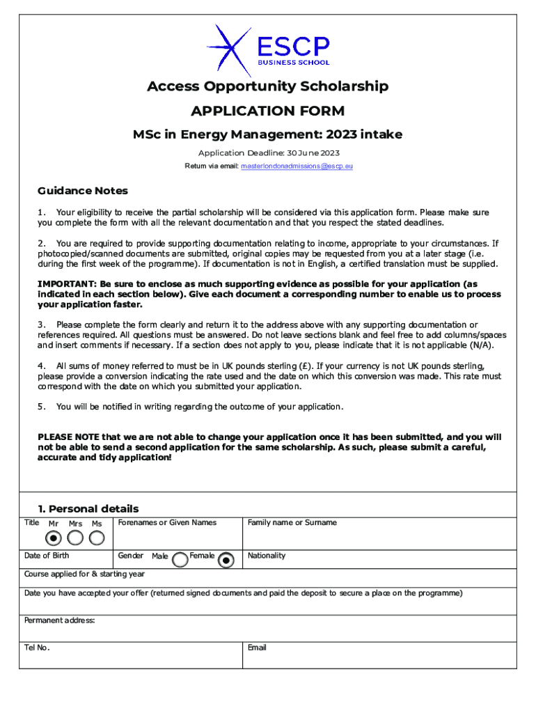 Fillable Online Access Opportunity Scholarship APPLICATION FORM Fax Email Print - pdfFiller