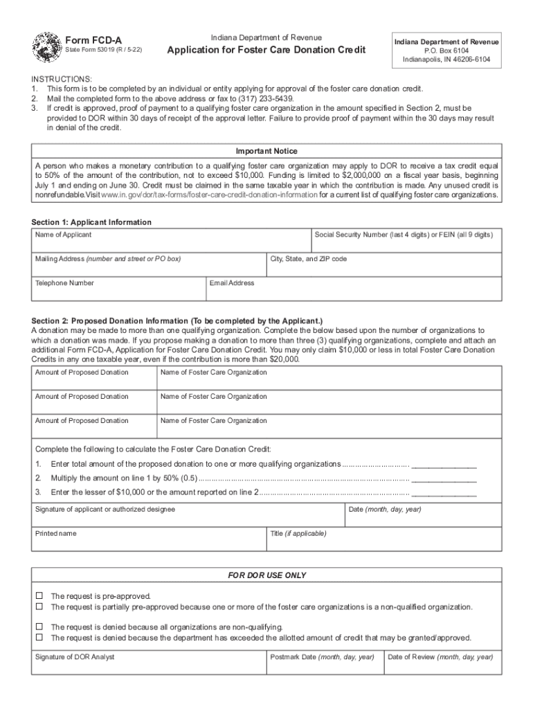 Fillable Online Form FCD-A (State Form 53019) Application for Foster ...