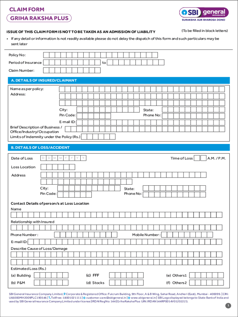 Fillable Online Griha Raksha Plus - Claim Form.cdr Fax Email Print ...