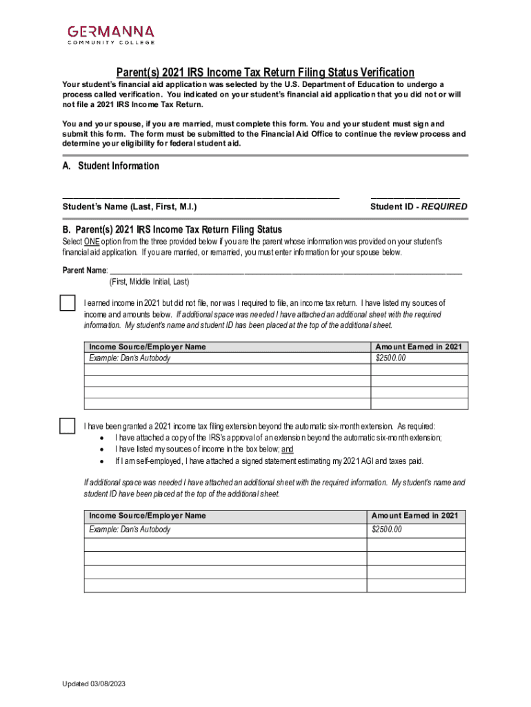 Fillable Online Parent Verification of Non-Filing for Tax Year 2021 Fax ...