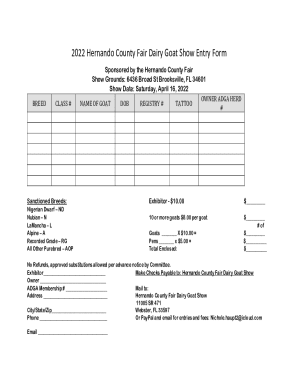 Fillable Online 2022 Hernando County Fair Dairy Goat Show Entry Form ...
