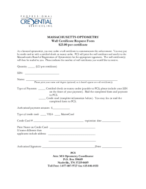 Fillable Online MASSACHUSETTS OPTOMETRY Wall Certificate ... Fax Email ...
