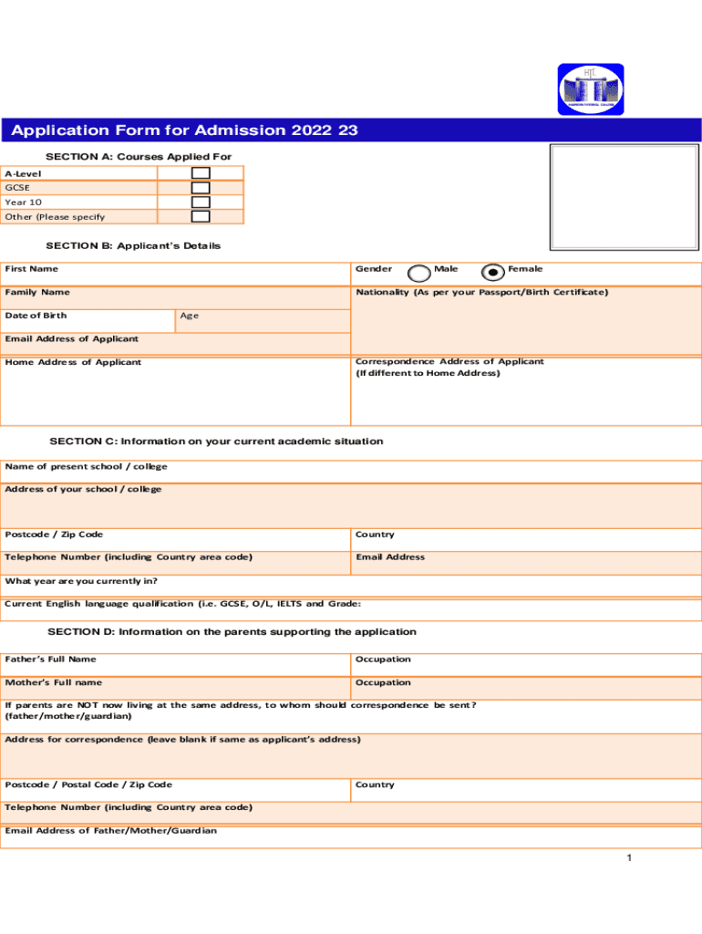 Fillable Online Application Form for Admission 2022-23 Fax Email Print ...