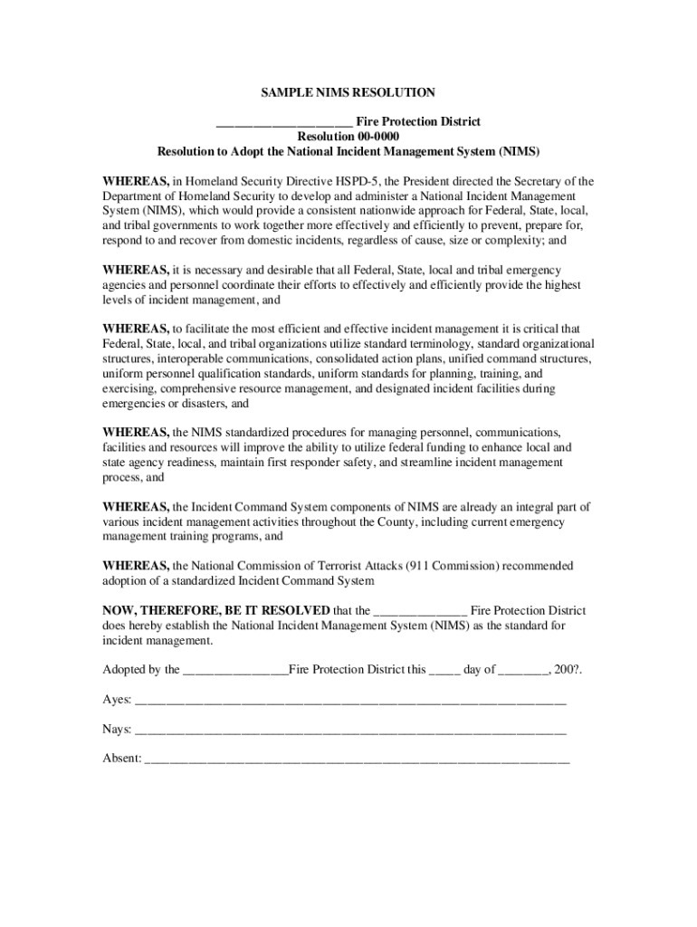 Fillable Online NIMS Sample Resolution for Fire Protection Districts ...