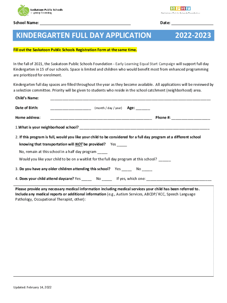 Fillable Online KINDERGARTEN FULL DAY APPLICATION Fax Email Print ...