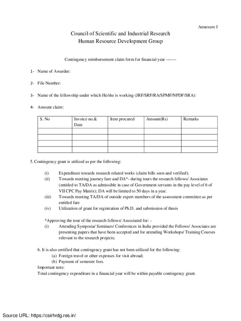 Fillable Online Contingency reimbursement claim form for financial year ...