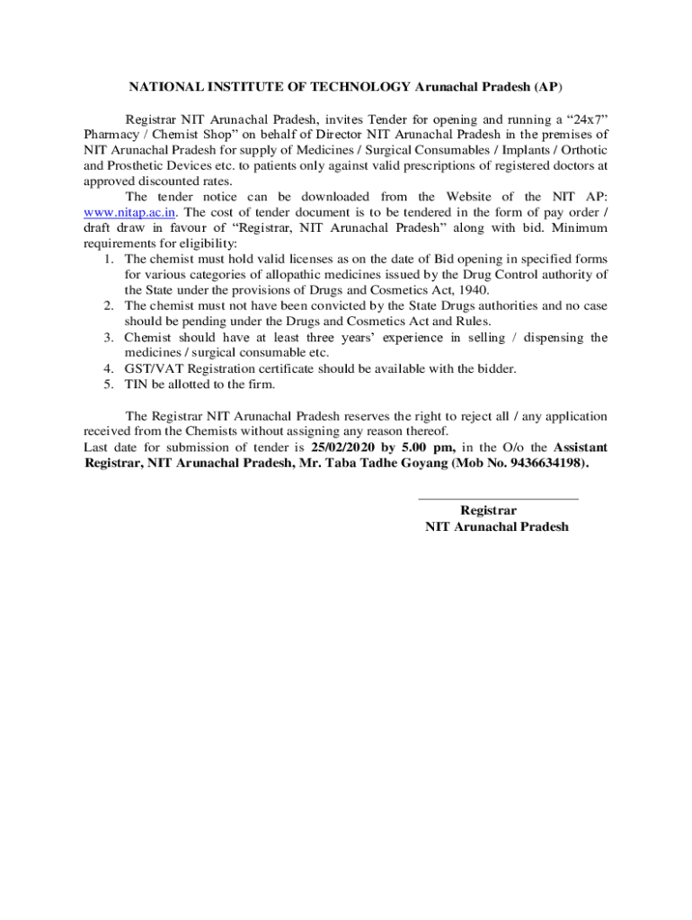 Fillable Online nitap ac Tender : NIT Arunachal Pradesh, Govt. of India Fax Email Print - pdfFiller