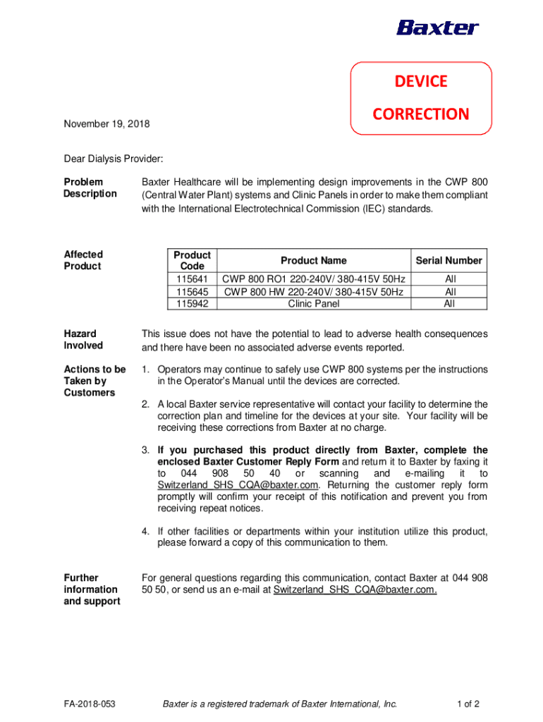 Fillable Online Gambro Central Water Treatment System CWP 100WRO H Fax ...