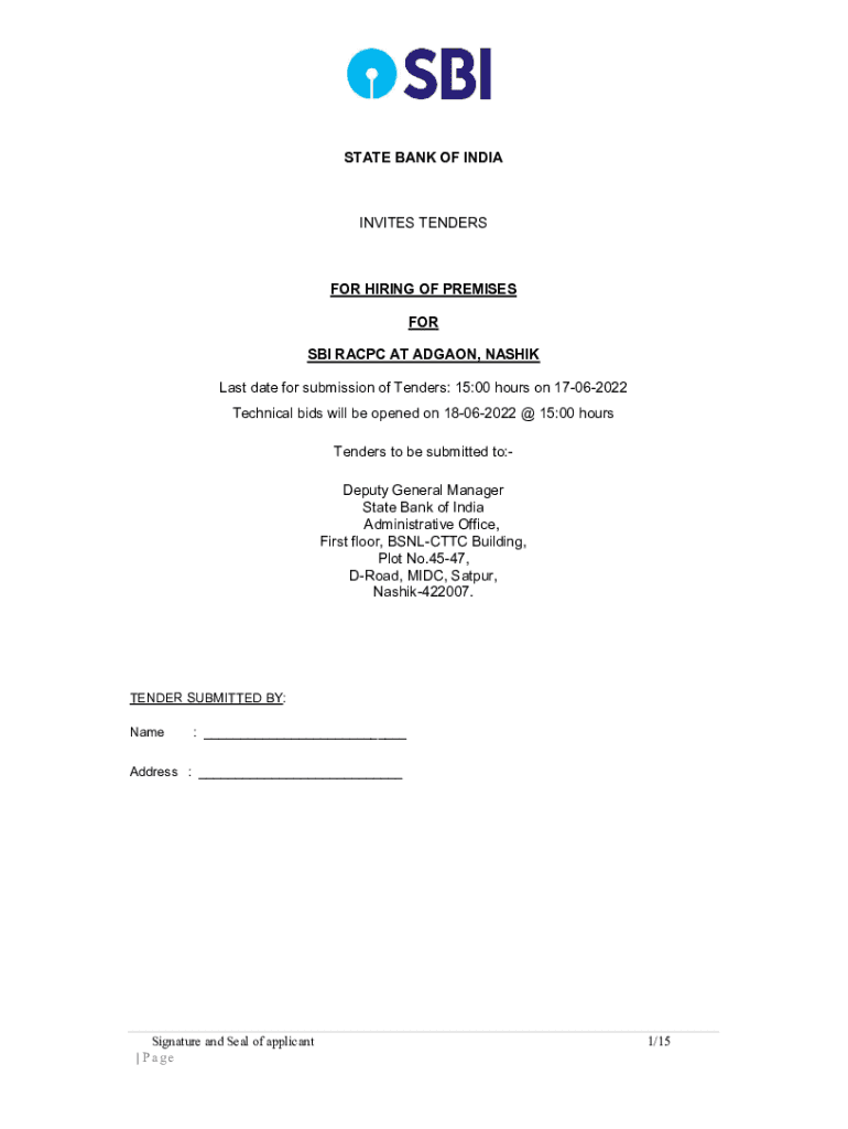 Fillable Online Tender Notice for Hiring of Premises for Sbi Racpc ...