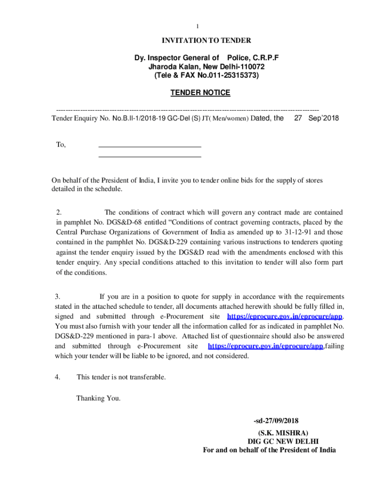 Fillable Online crpf gov Fillable Online INVITATION TO TENDER Dy ...
