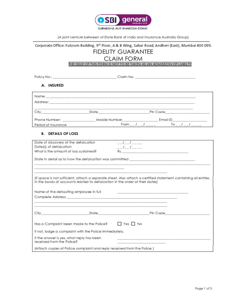 Fillable Online Fidellity Guarantee Insurance-Claim Form Fax Email ...
