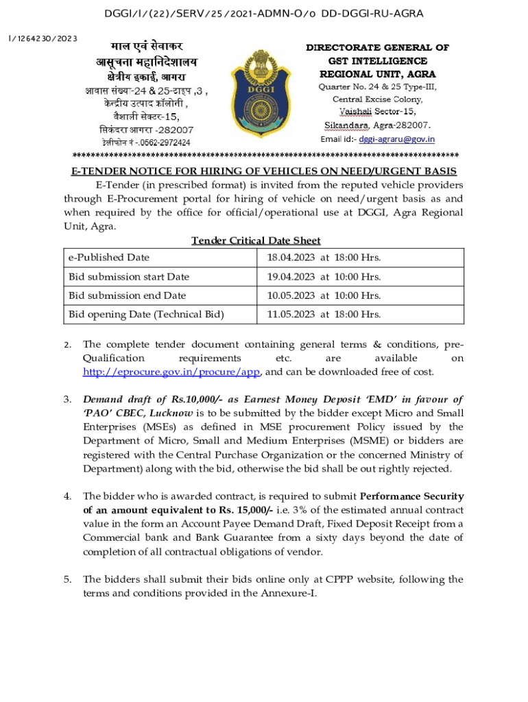 Fillable Online e-tender notice for hiring of vehicles on need/urgent ...