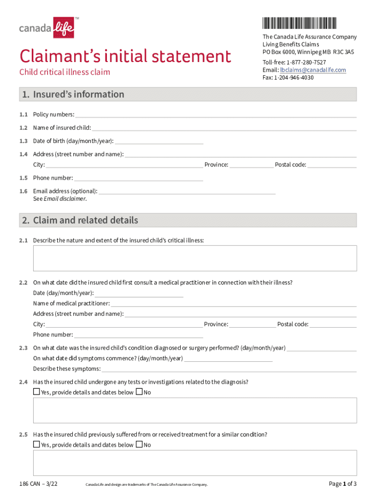 Fillable Online Child critical illness - initial claim form - 186 (CL ...