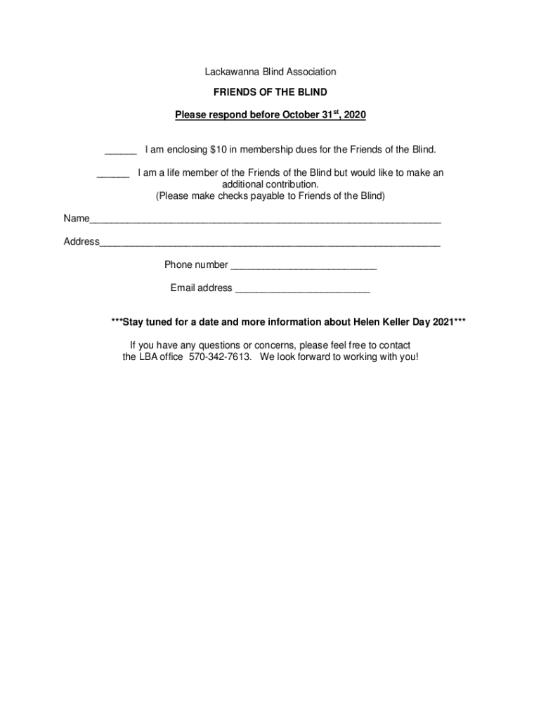 Fillable Online I am enclosing $10 in member - Lackawanna Blind Association Fax Email Print ...