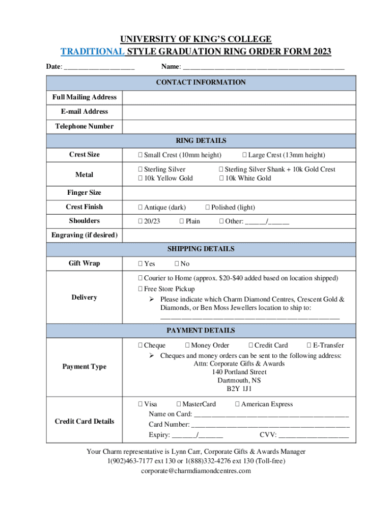 Fillable Online TRADITIONAL STYLE GRADUATION RING ORDER FORM ... Fax ...