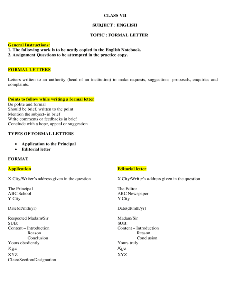 Fillable Online CLASS VII SUBJECT : ENGLISH TOPIC - FORMAL LETTER Fax ...