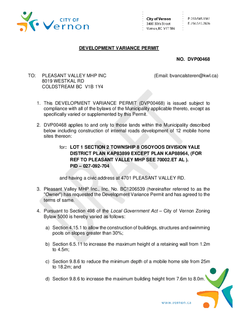 Fillable Online Development Variance Permit - 7461 Pleasant Valley Road Fax Email Print - pdfFiller